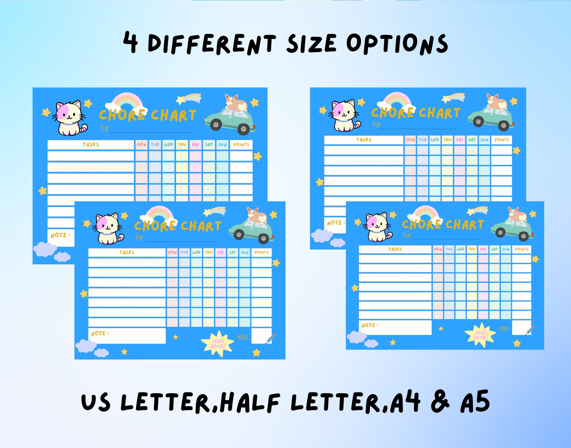 Colorful Kids Chore Chart PDF, Printable & Downloadable, 4 Color ...