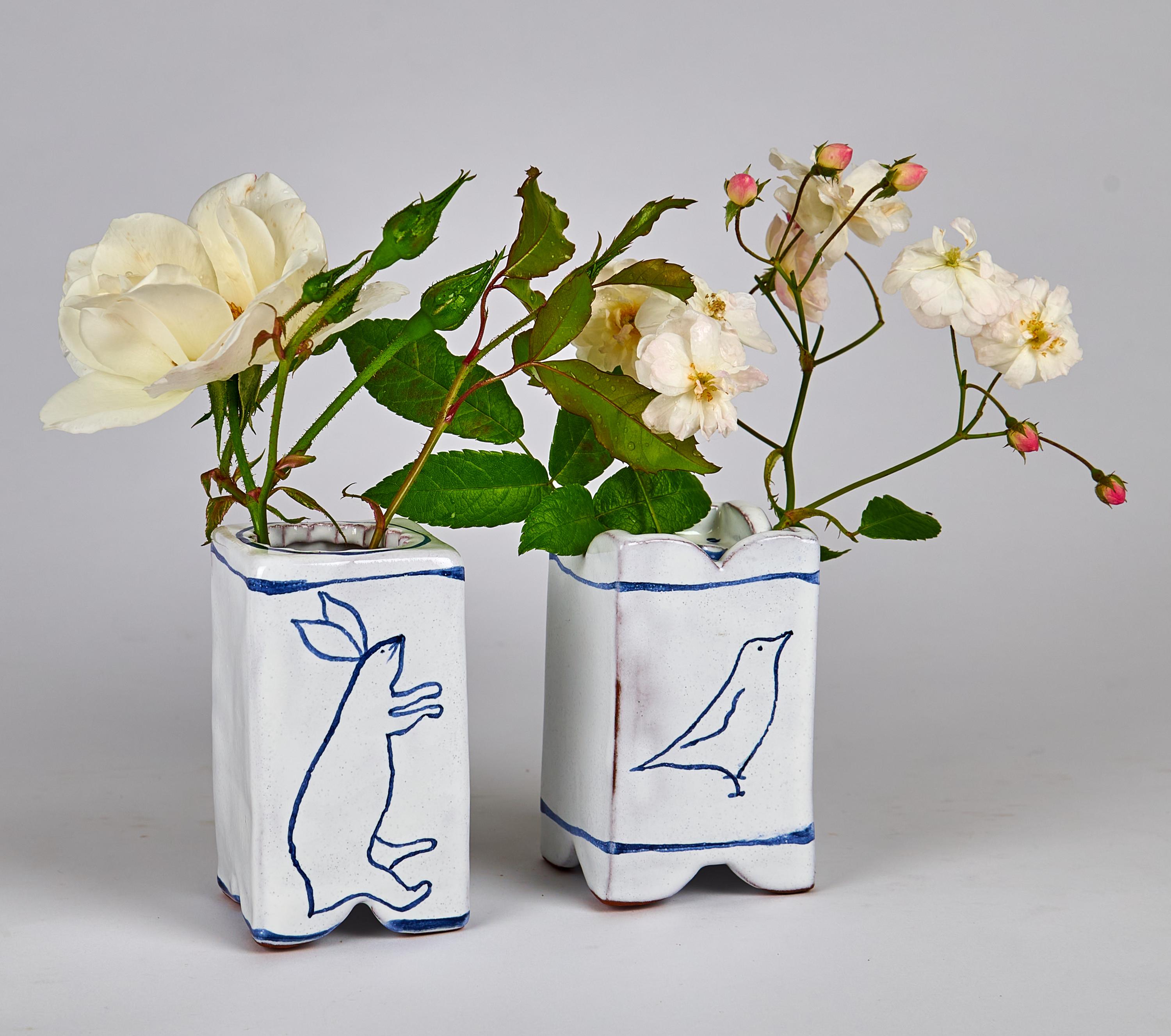Handmade Ceramic Flower Brick | Blue Bird Vase | Tin Glaze Pottery From ...