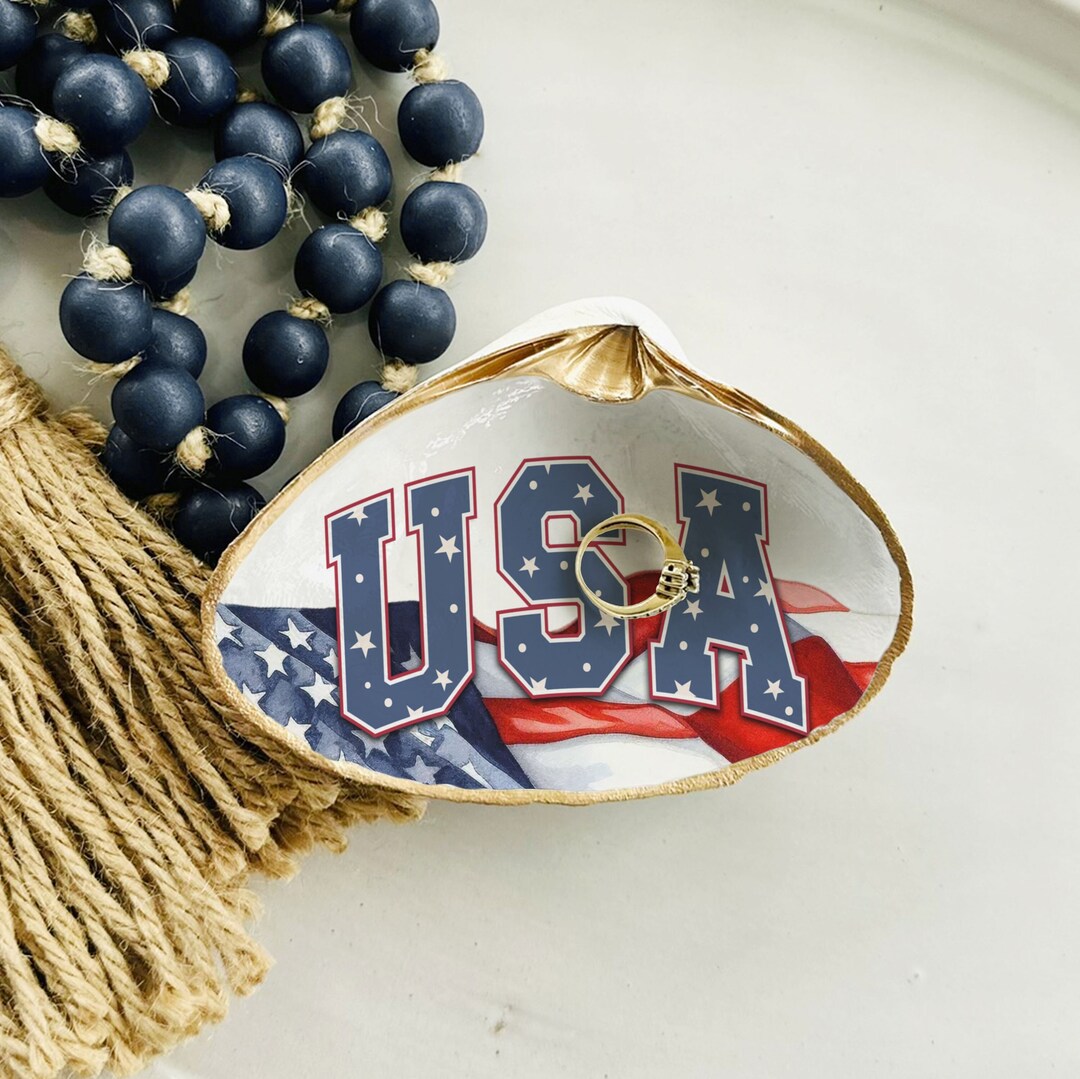 USA 4th of July Shell Art Display, Independence Day Coastal Decor, Red ...
