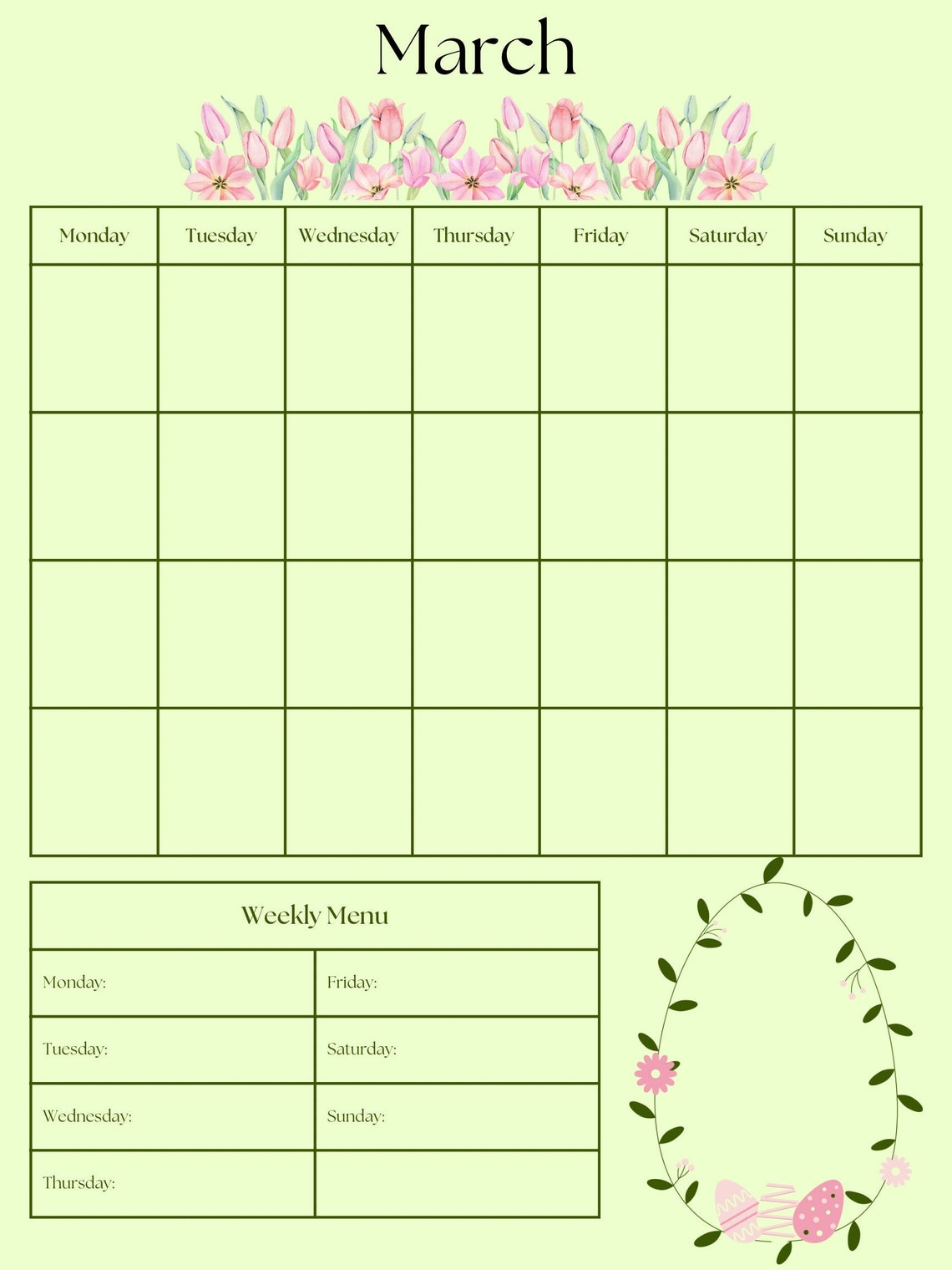 March Calendar Template - Etsy