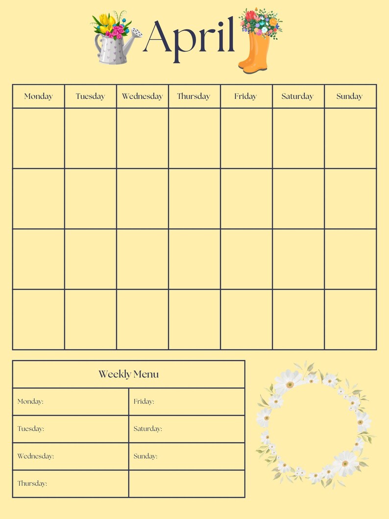 April Calendar Template - Etsy