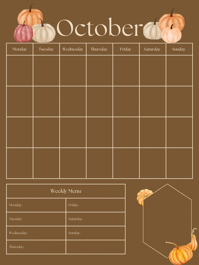 October Calendar Template - Etsy