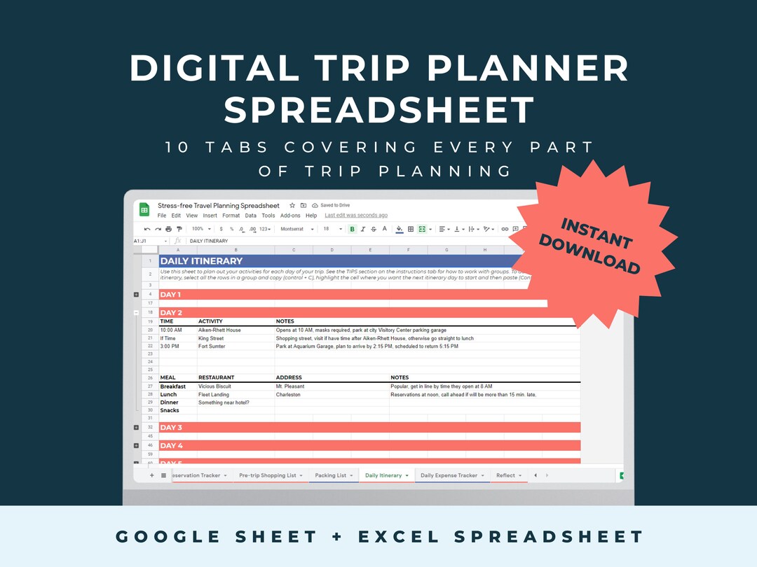 Digital Trip Planner Google Sheet, Excel Spreadsheet Travel Planner ...