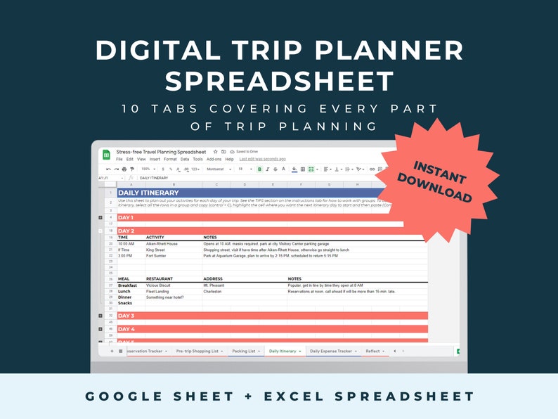 Digital Trip Planner Google Sheet, Excel Spreadsheet Travel Planner ...