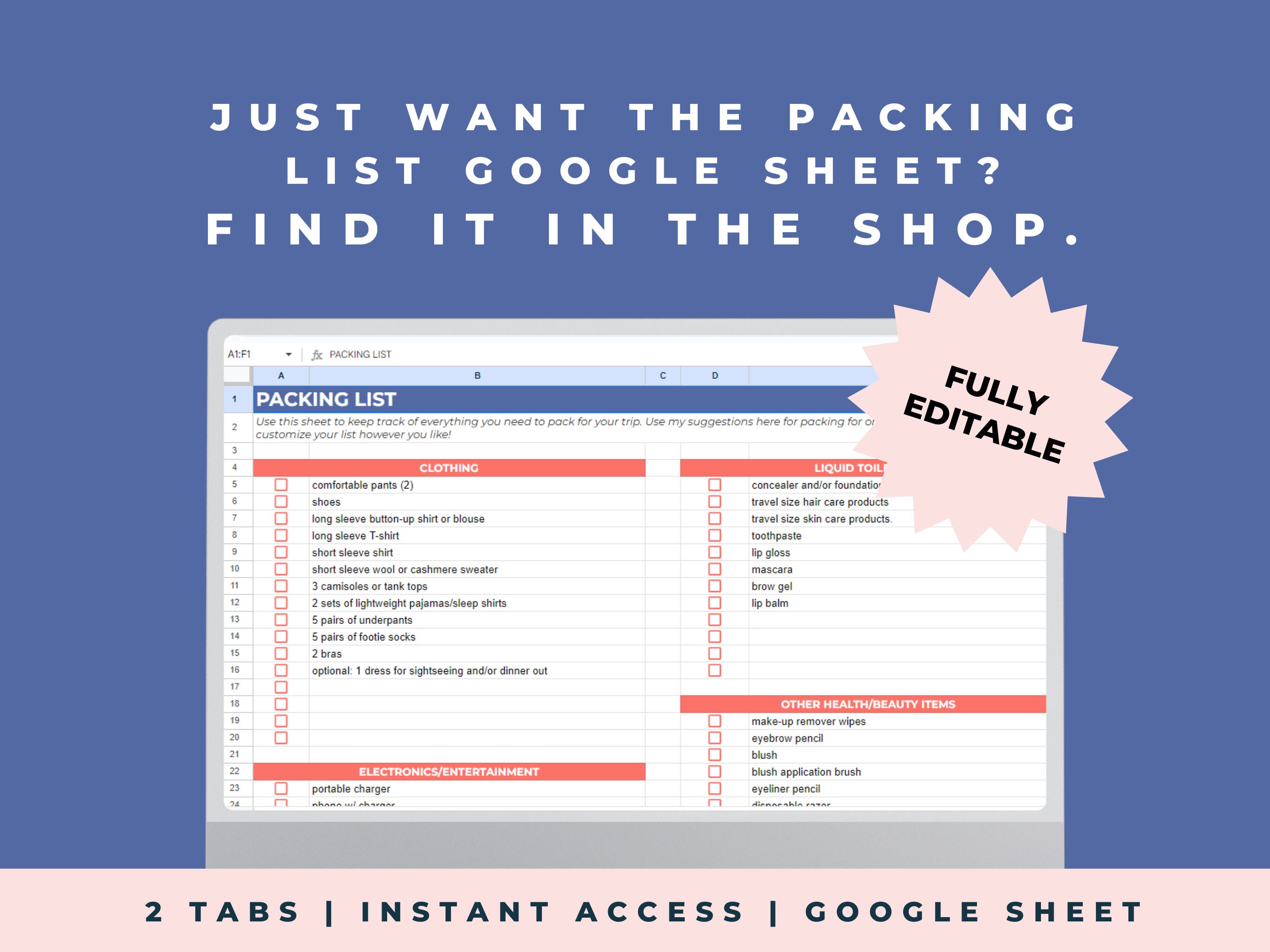 Travel Checklist Template Google Sheet, Digital Travel Planner ...