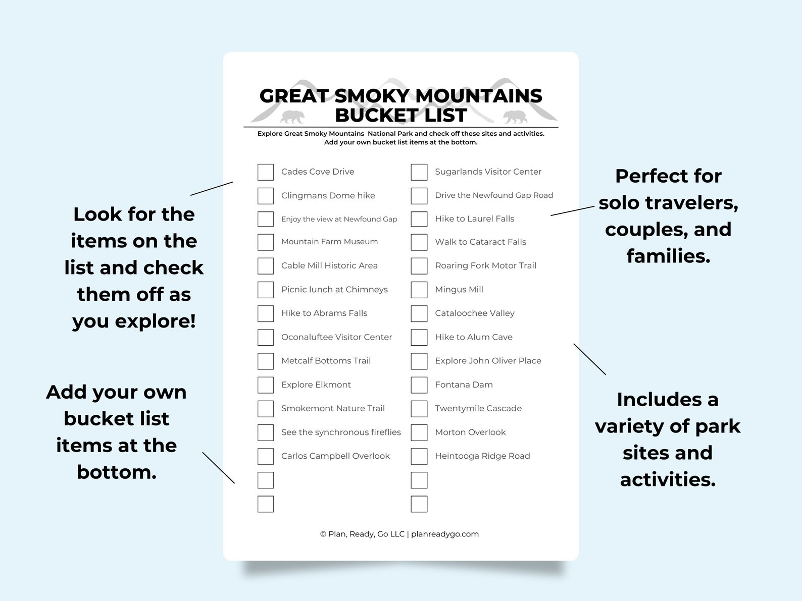 Printable Great Smoky Mountains Bucket List | Travel Bucket List ...