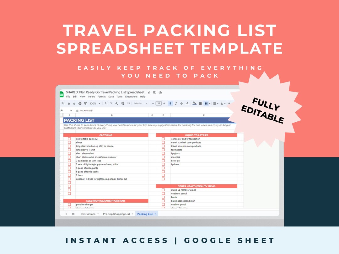 Travel Packing List Spreadsheet Template, Trip Shopping Checklist ...
