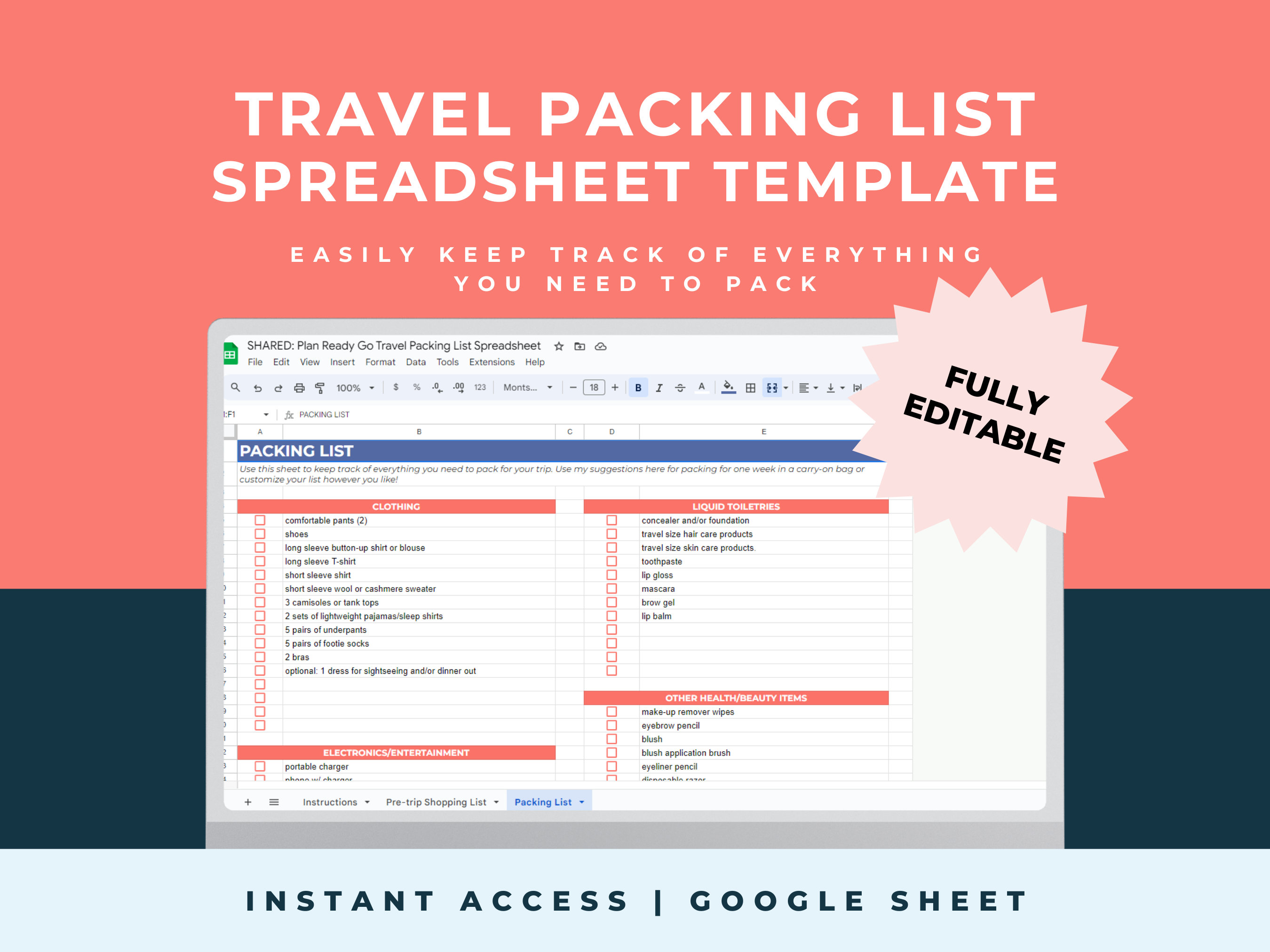 Travel Packing List Spreadsheet Template, Trip Shopping Checklist ...