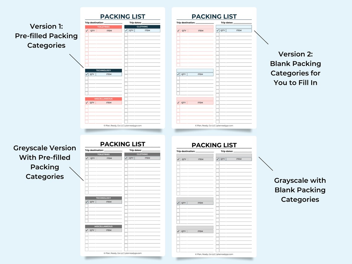 Printable Travel Packing List Blank Printable Packing Checklist US ...