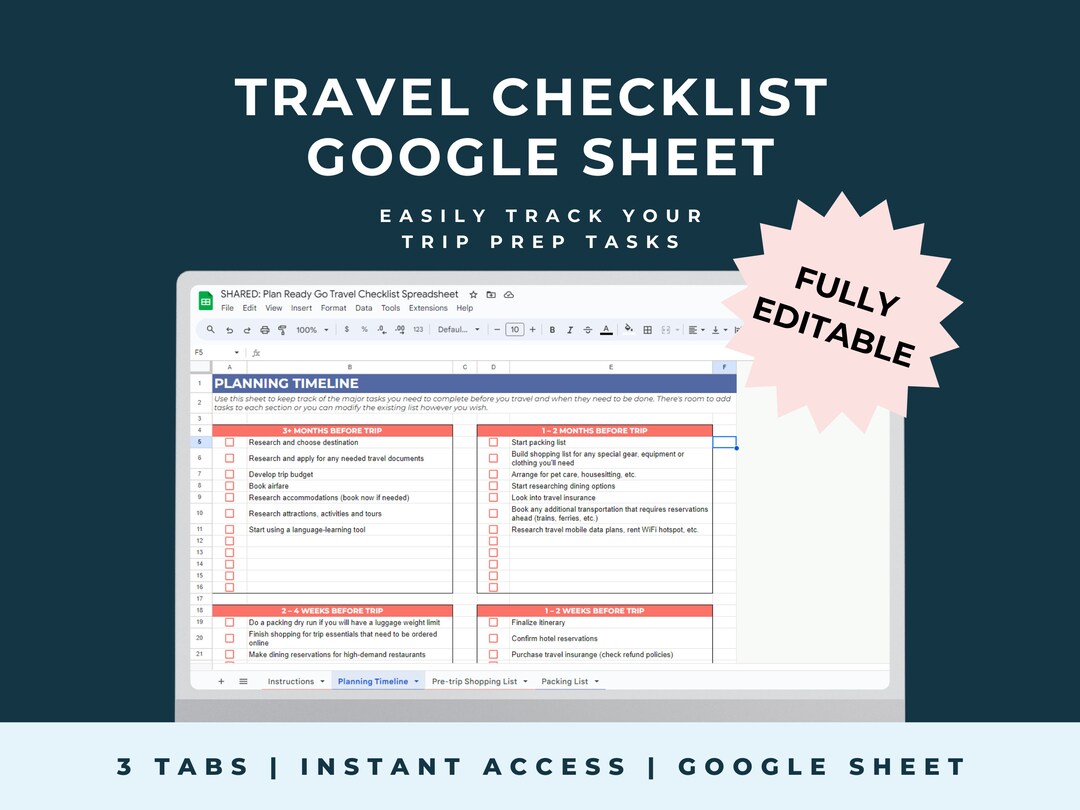 Travel Checklist Template Google Sheet, Digital Travel Planner ...