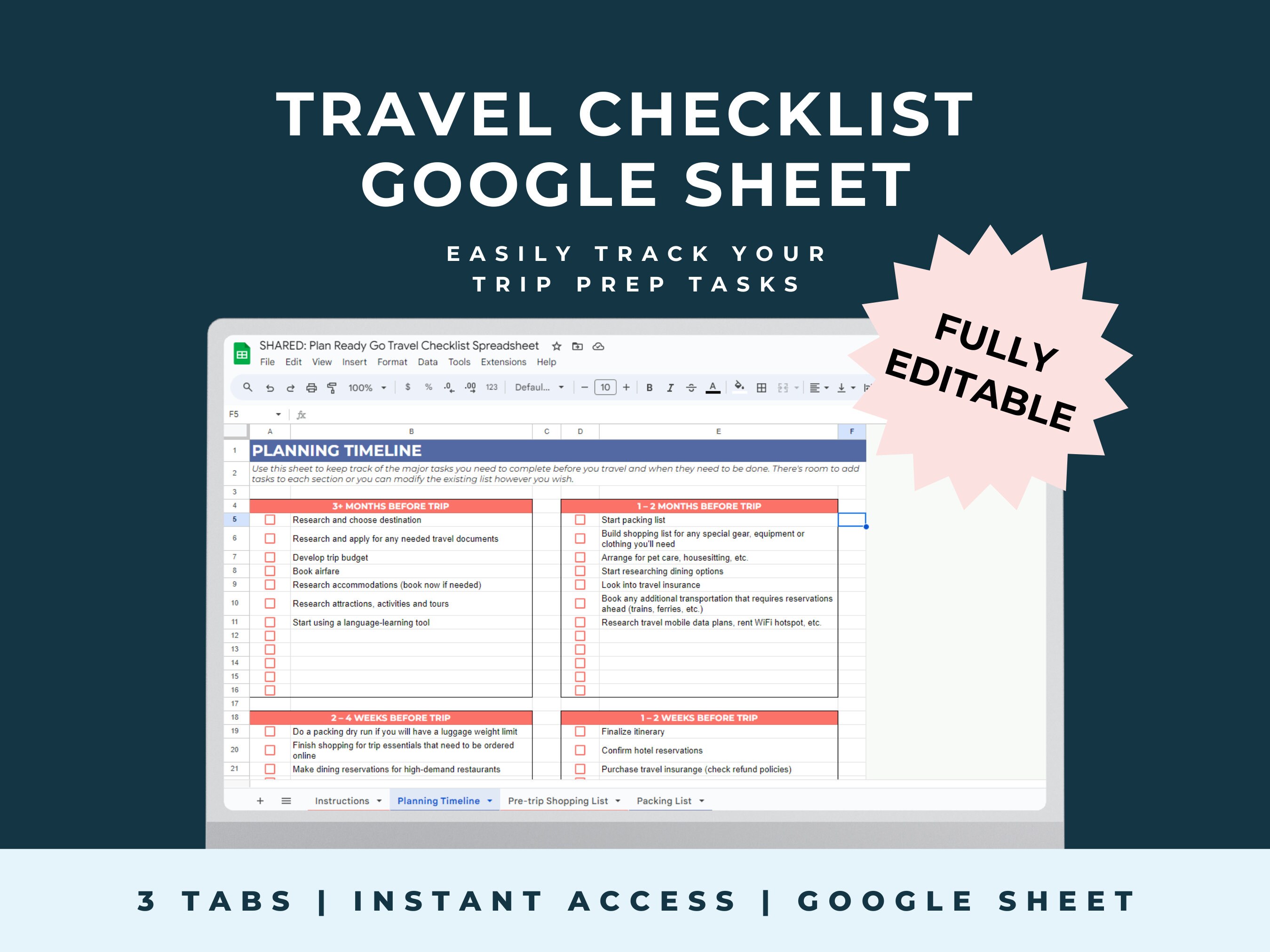 Travel Checklist Template Google Sheet, Digital Travel Planner ...