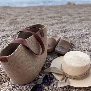 Boho Jute Tote Bag With Leather Handles, Beach Basket Purse, Rope ...