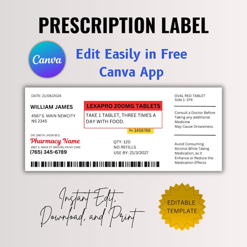 Editable Prescription Label Template | Pill Bottle Label | RX Label ...