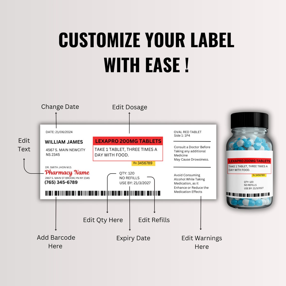 Editable Prescription Label Template | Pill Bottle Label | RX Label ...