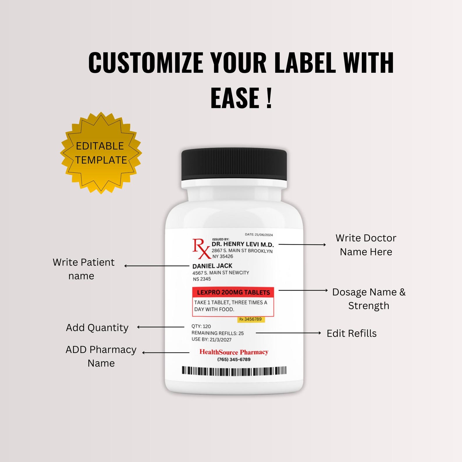 Editable Prescription Label Template | Pill Bottle Label | RX Label ...