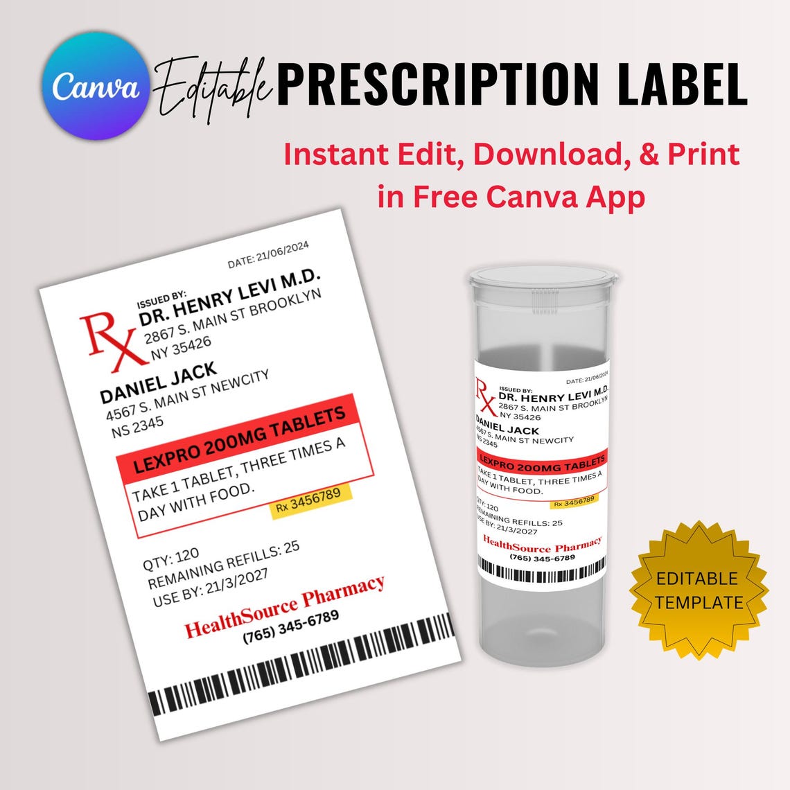 Editable Prescription Label Template | Pill Bottle Label | RX Label ...