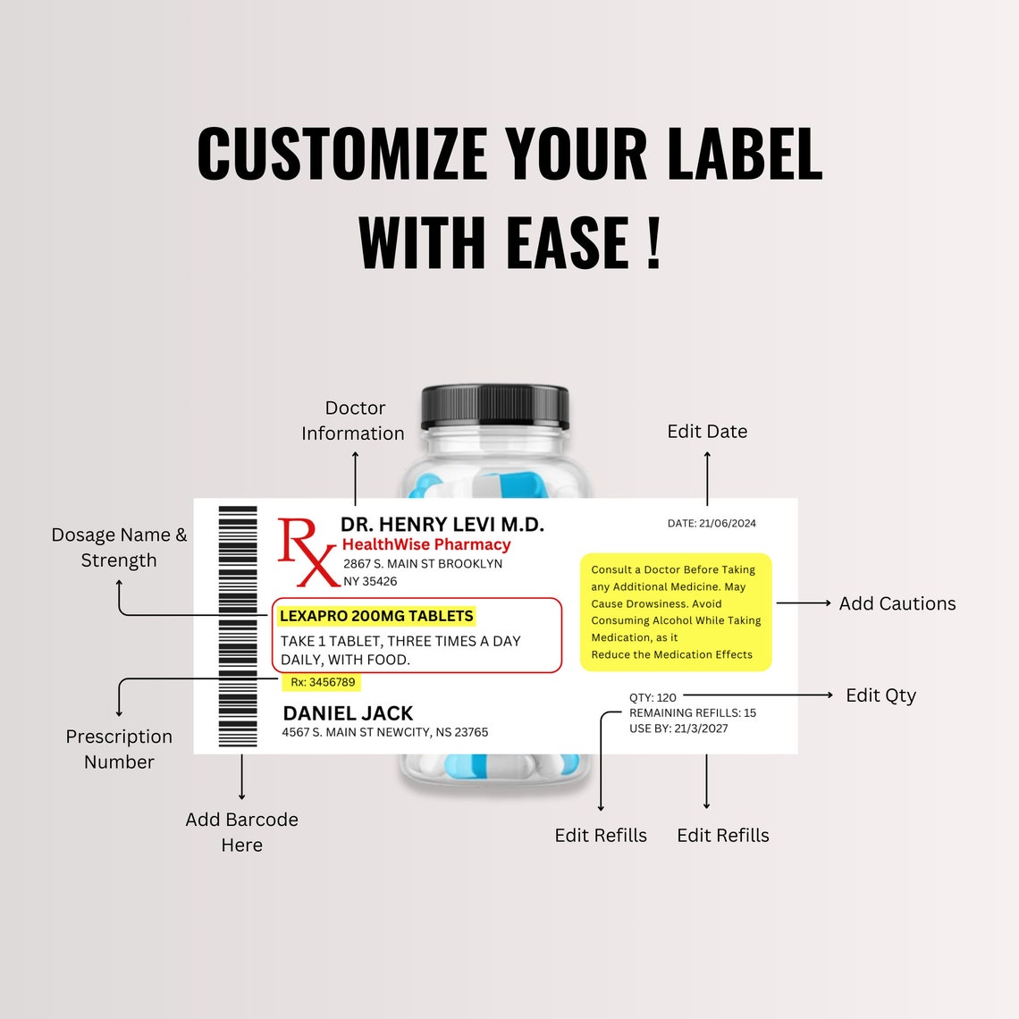 Editable Prescription Label Template | Pill Bottle Label | RX Label ...