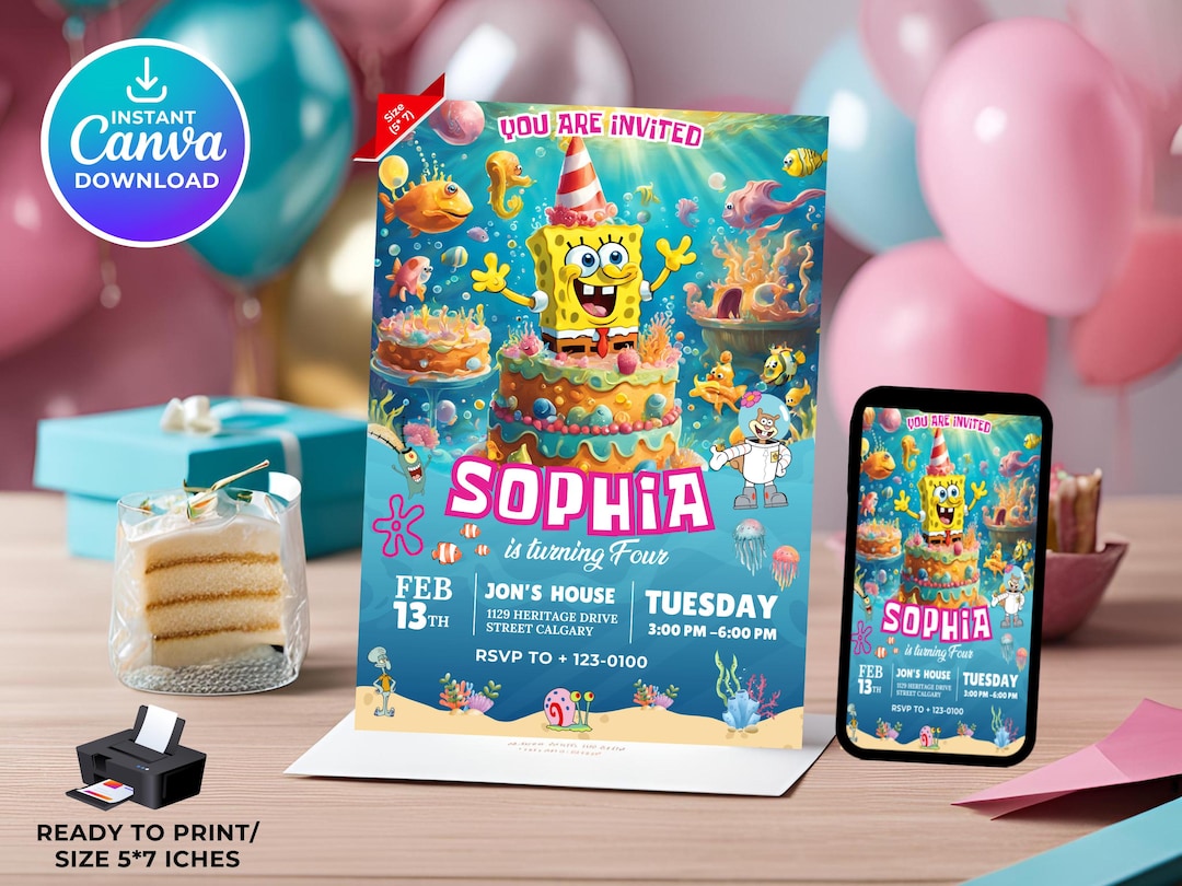 Editable Spongebob Birthday Invitation | Spongebob Invite | Spongebob ...