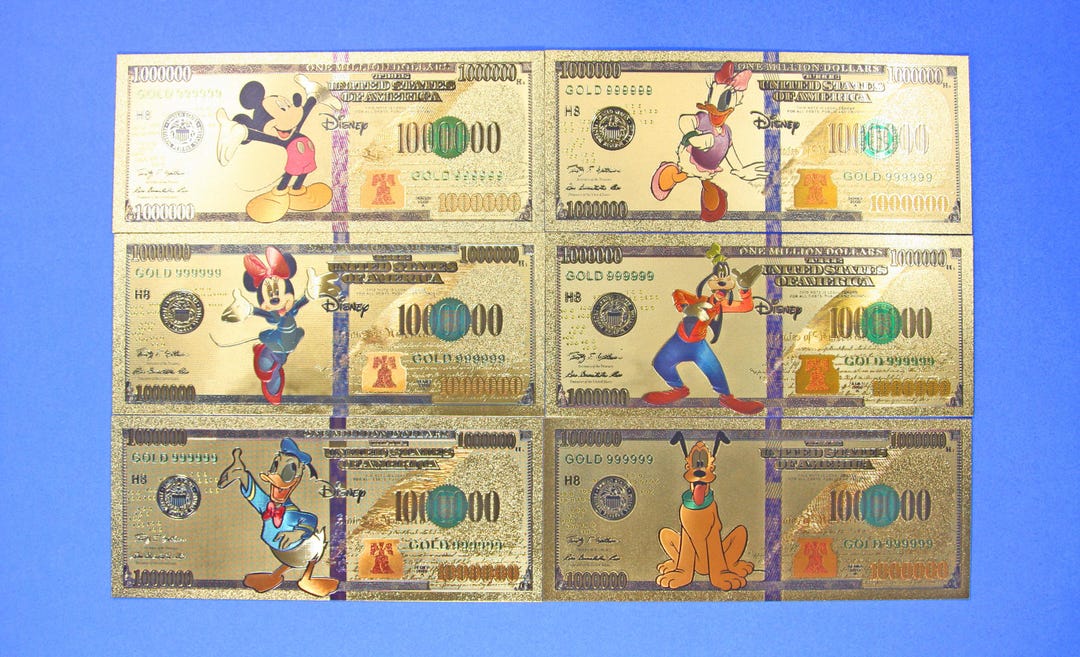 Disney 24k Gold Foil Plated 6 Mickey and Friends Banknotes Set Anime ...