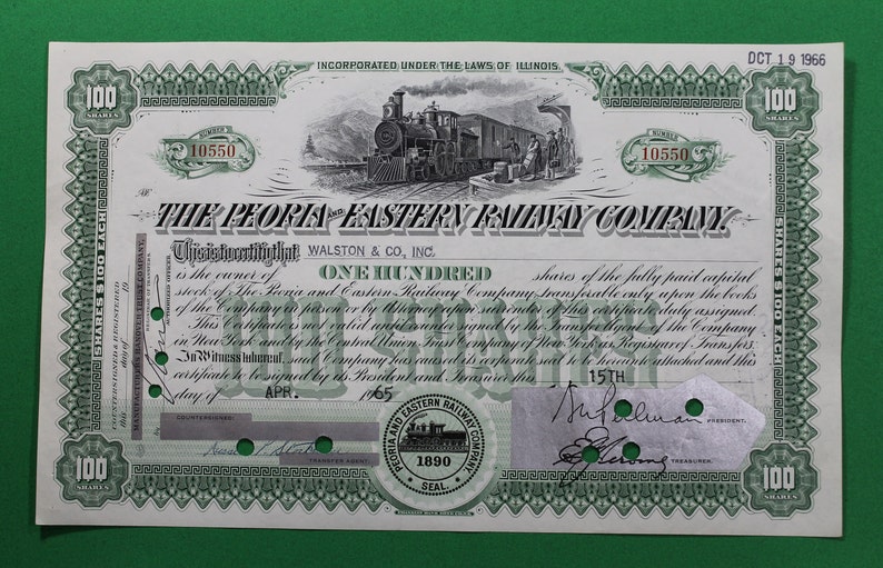 The Peoria Eastern Railroad Company 100 Shares Stock Certificate Great ...