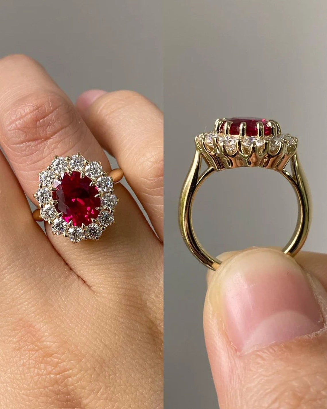 Oval Cut Red Ruby CZ Engagement Ring: Flower Halo Anniversary Ring - Etsy