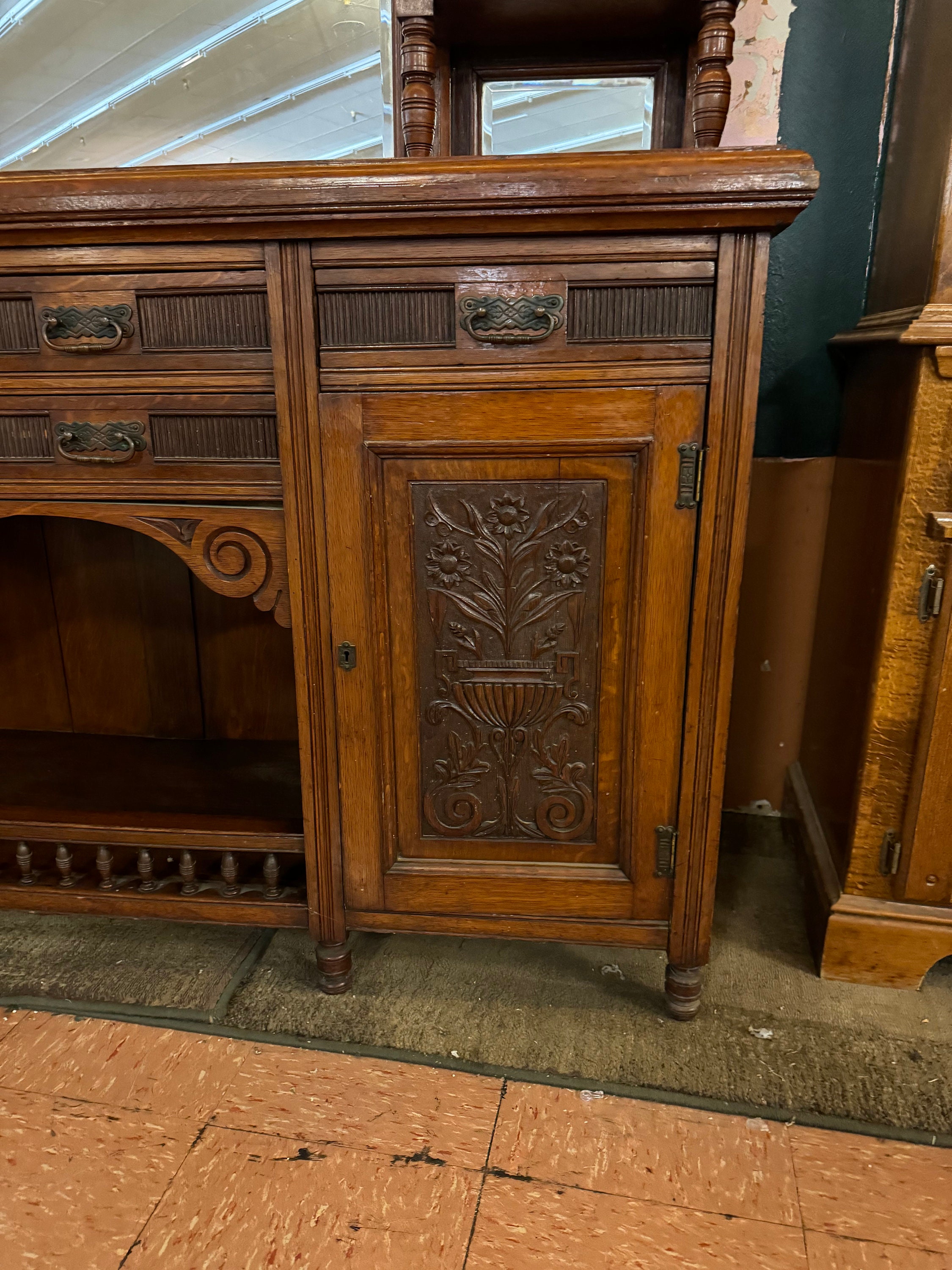 Vintage Victorian Mirror Back Buffet. Large Carved Sideboard. Ornate ...