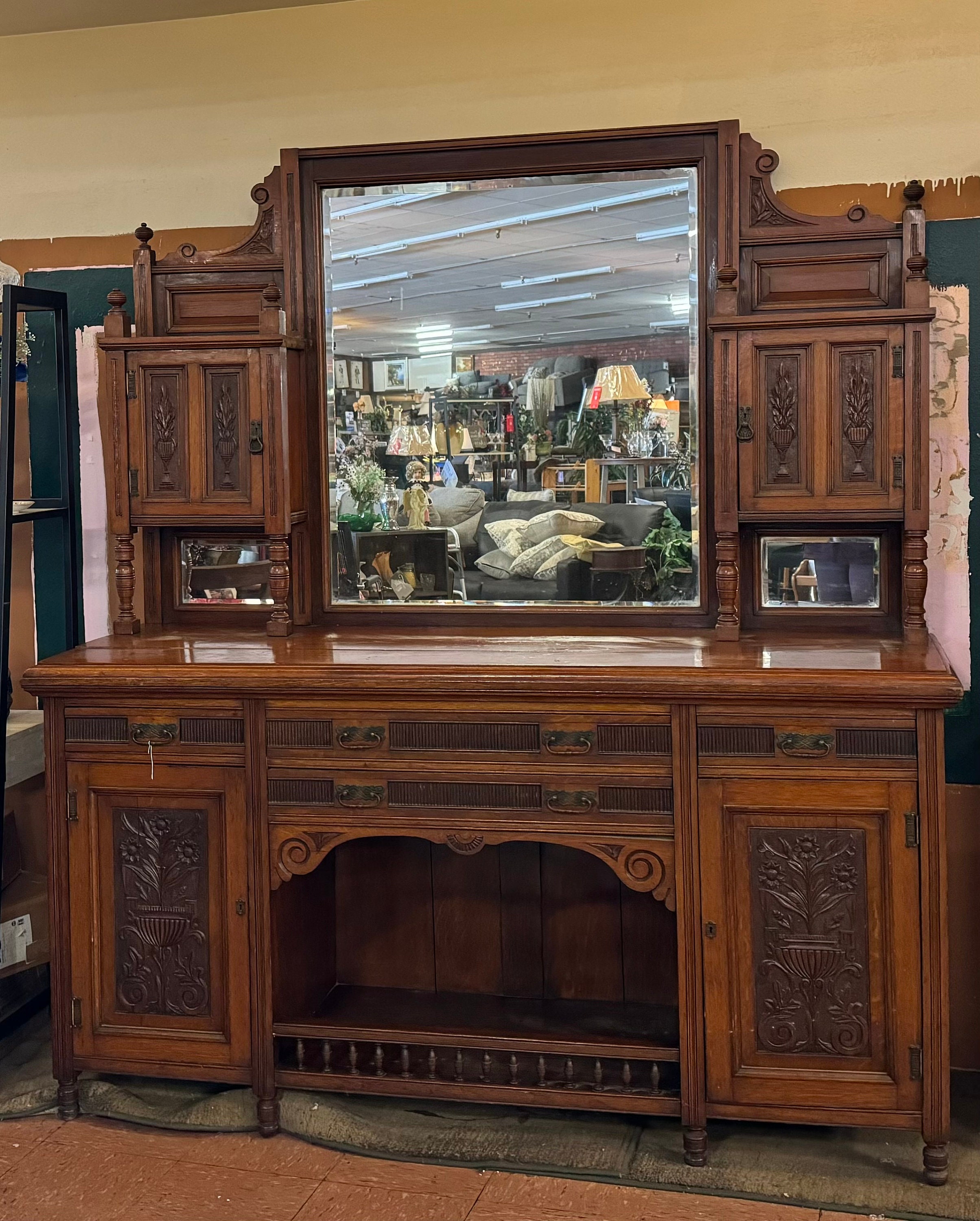 Vintage Victorian Mirror Back Buffet. Large Carved Sideboard. Ornate ...