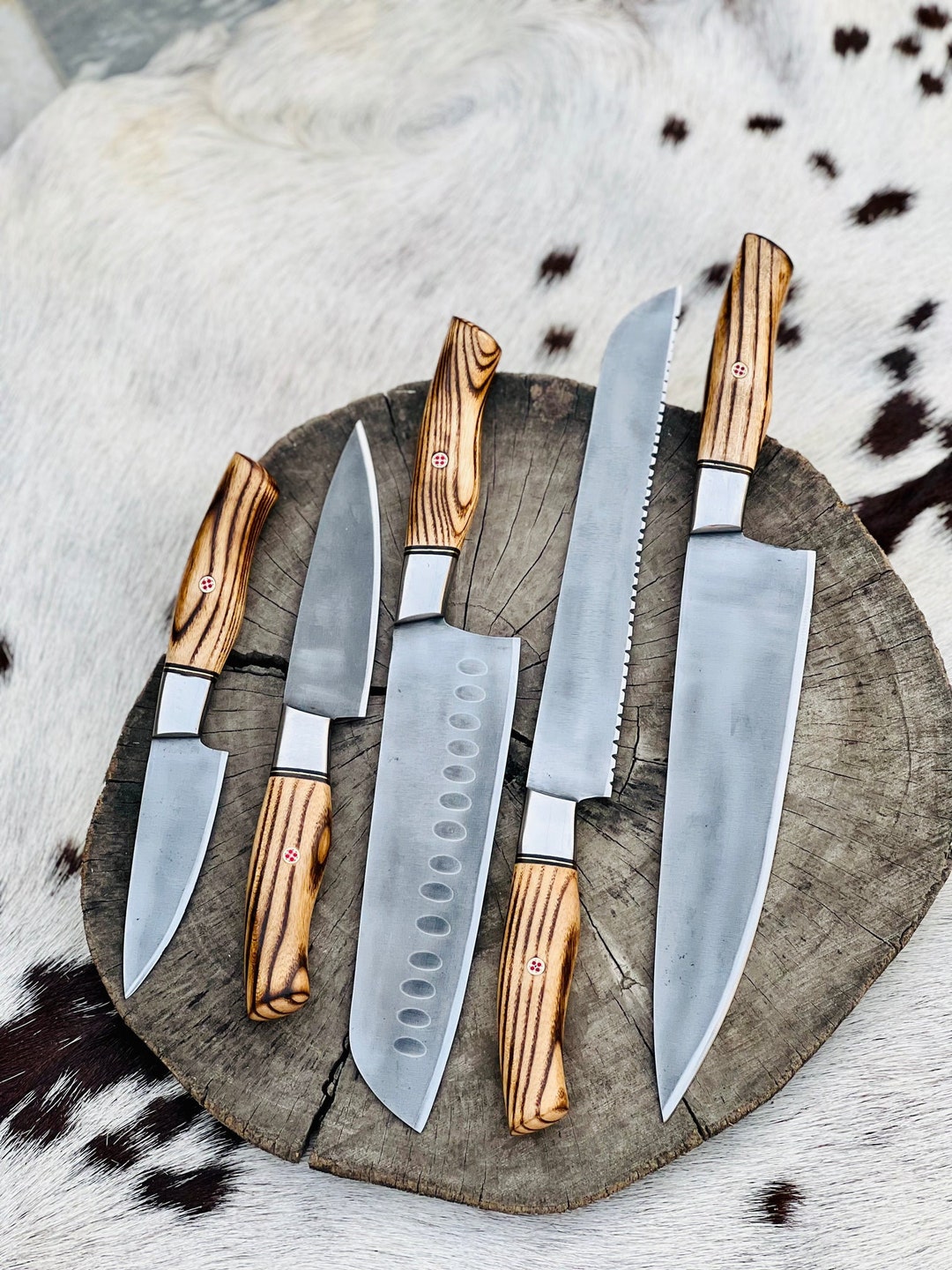 Lot's of 5 Kitchen Knives Set 440C Steel,acid Wash Blade's With Ash ...