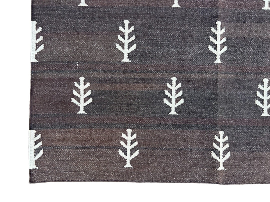 Black and White Eastern Tree Patterned Handmade Cotton Flat Weave Rug ...