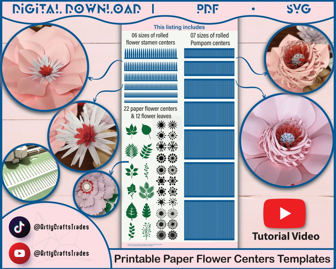 Centros de flores de papel SVG, PDF, Centros de flores de papel PomPom ...