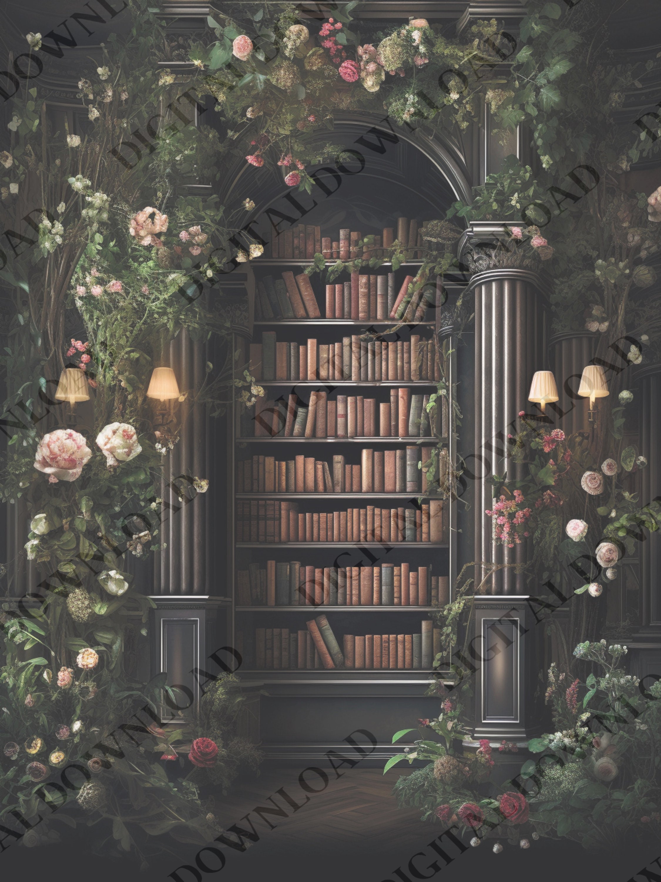 Botanical Library Print | Floral Forest | Bookstore Print | Dark ...