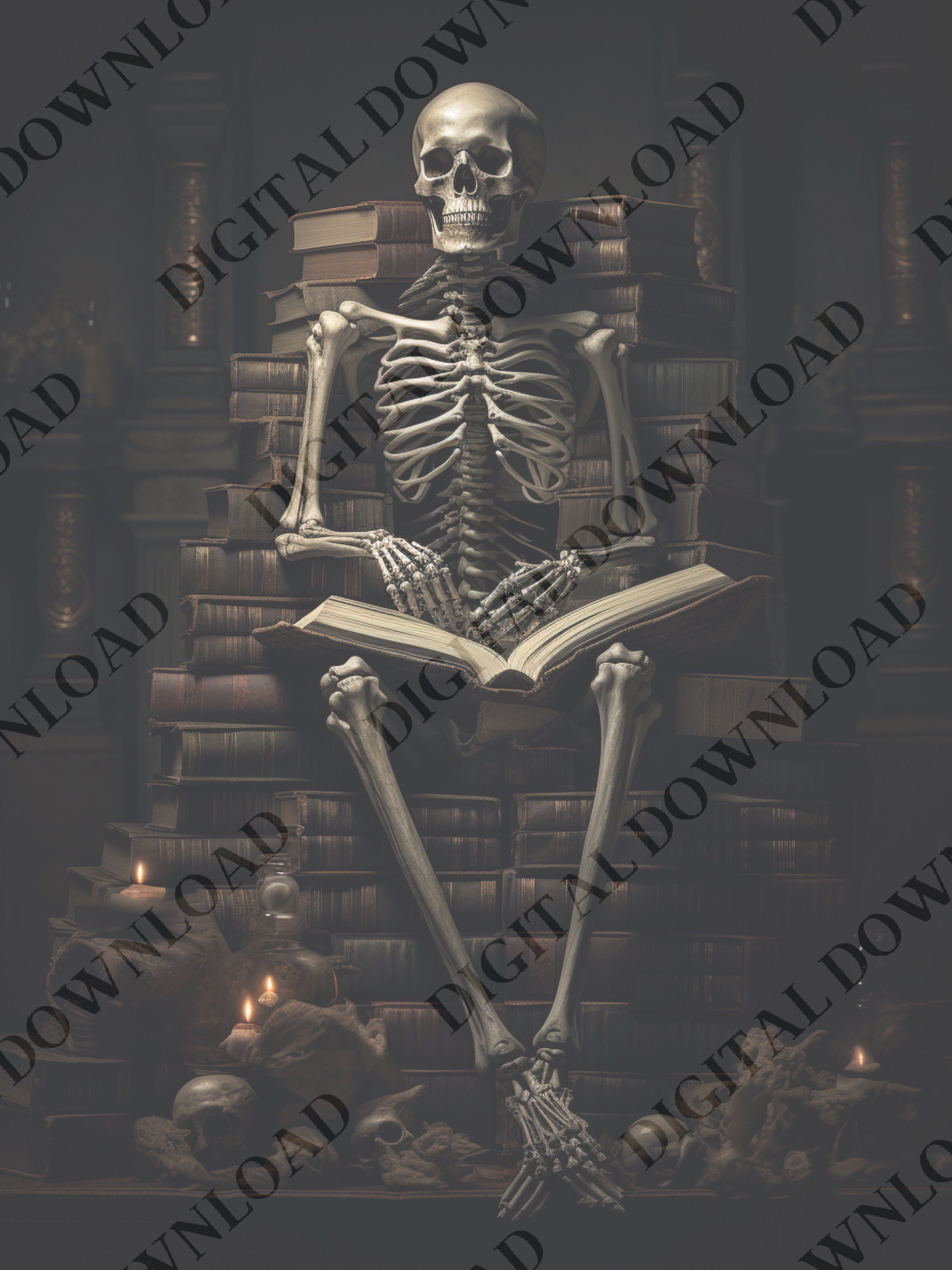 Skeleton Library Print Dark Academia Skeleton Library Vintage Printable ...
