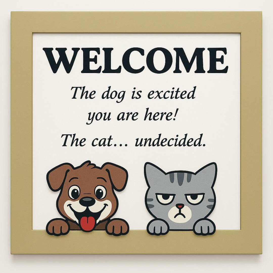 Funny Pet Welcome Sign: Dog Excited, Cat Undecided - Laser Cut Wood ...