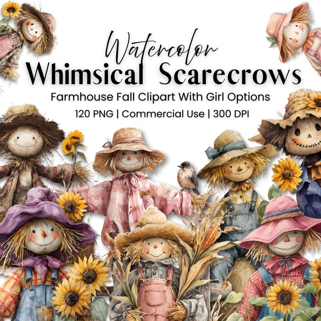Watercolor Scarecrow Clipart Bundle PNG Fall Farmhouse Clipart With ...