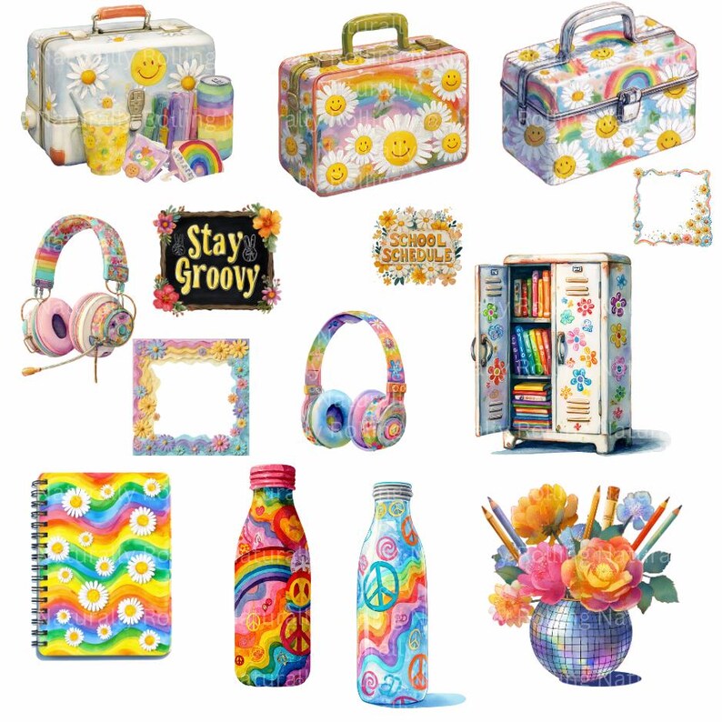 Groovy School Supplies Clipart Retro Pngs Back to School Vibes, Retro ...