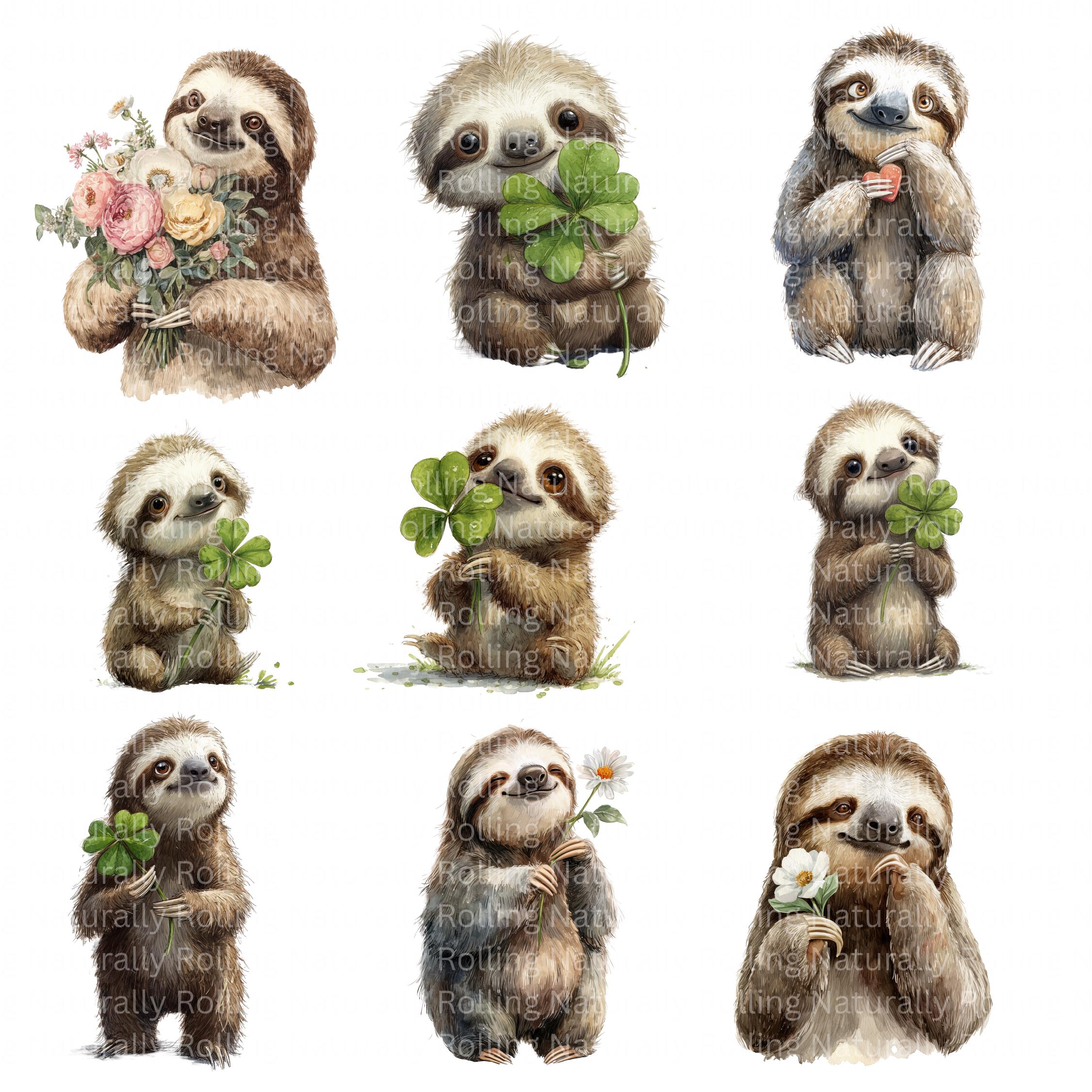Sloth Clipart Bundle, Spring Sloth PNG, Watercolor Sloths With Flowers ...