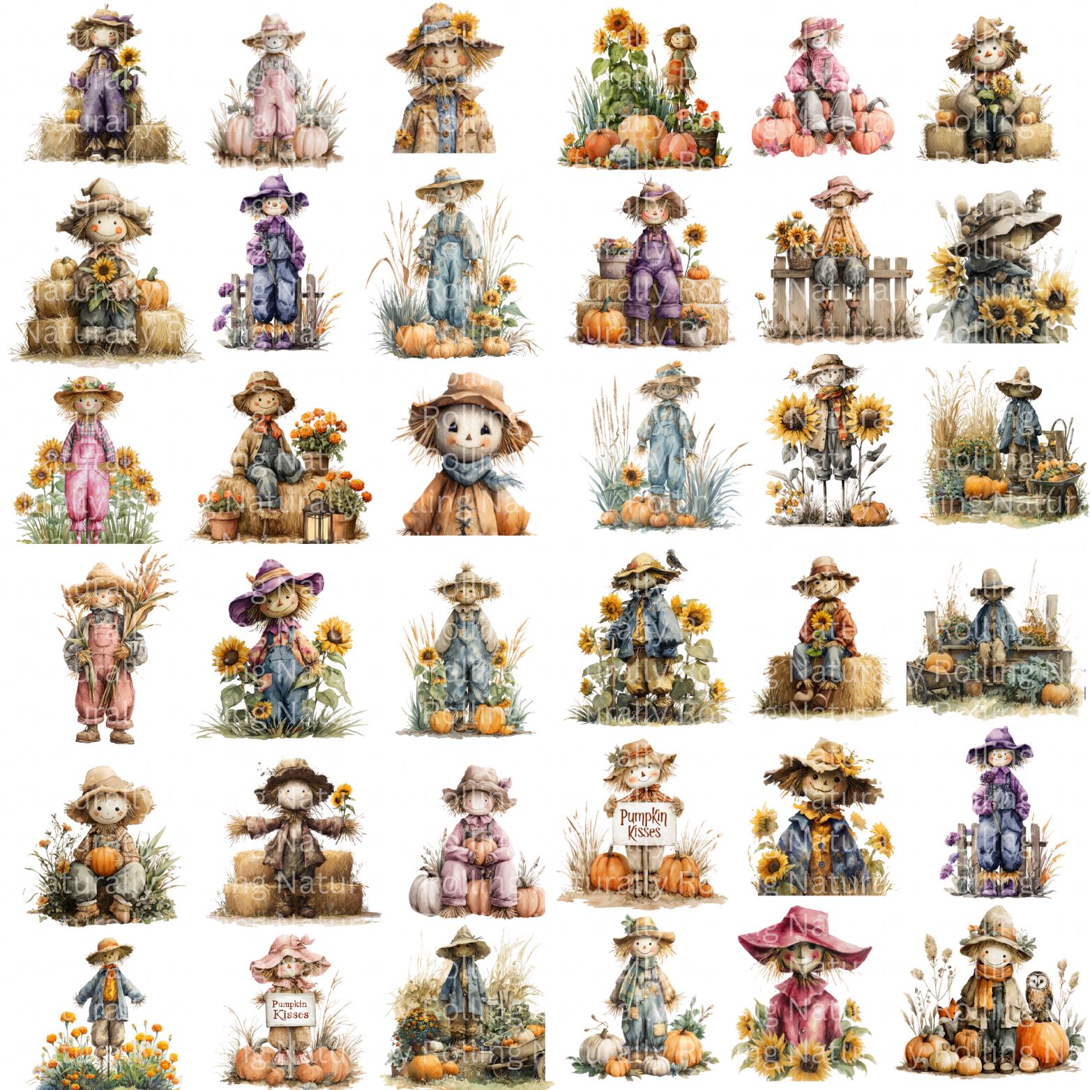 Watercolor Scarecrow Clipart Bundle PNG Fall Farmhouse Clipart With ...