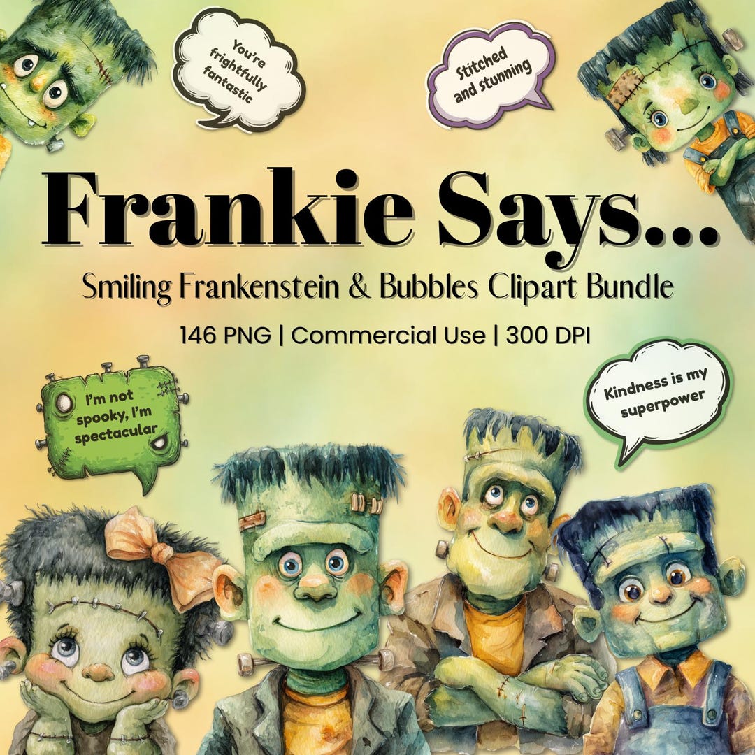 Cute Watercolor Frankenstein PNG Clipart Bundle, 146 Piece Smiling ...