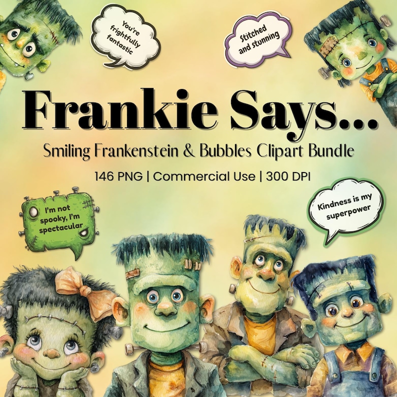 Cute Watercolor Frankenstein PNG Clipart Bundle, 146 Piece Smiling ...