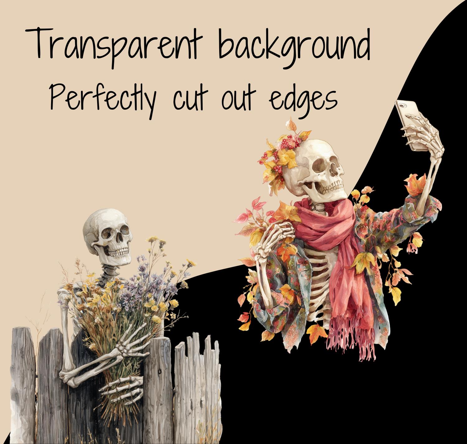 Watercolor Autumn Skeleton Clipart PNG Bundle, 90 Halloween Fall ...