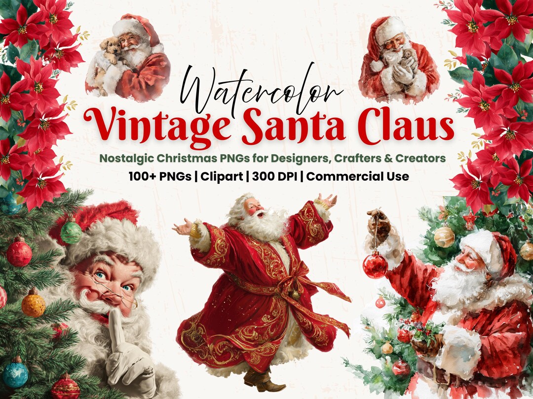 Santa Claus Clipart Bundle - 100+ Vintage Watercolor Christmas Santa ...