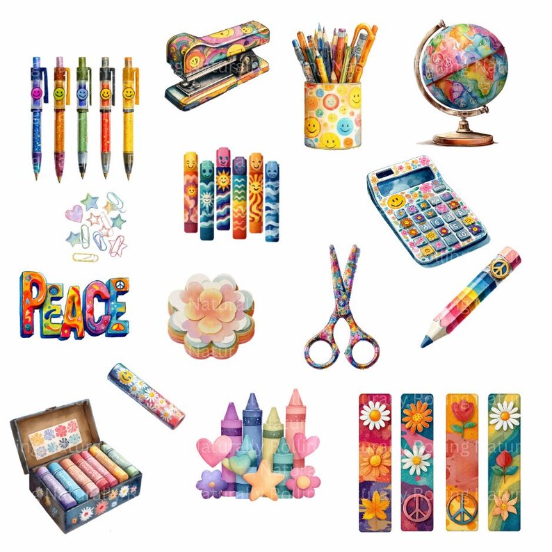 Retro School Supplies Clipart Bundle, Groovy Back to School Digital ...