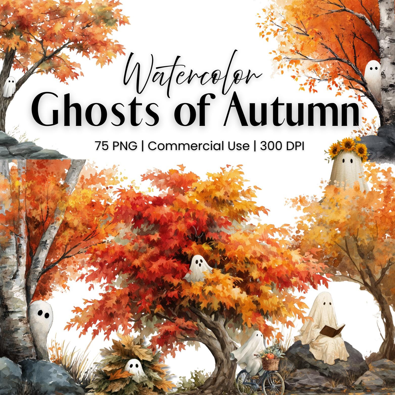 Halloween Watercolor Ghost Clipart PNG Bundle, Autumn Watercolor Ghosts ...