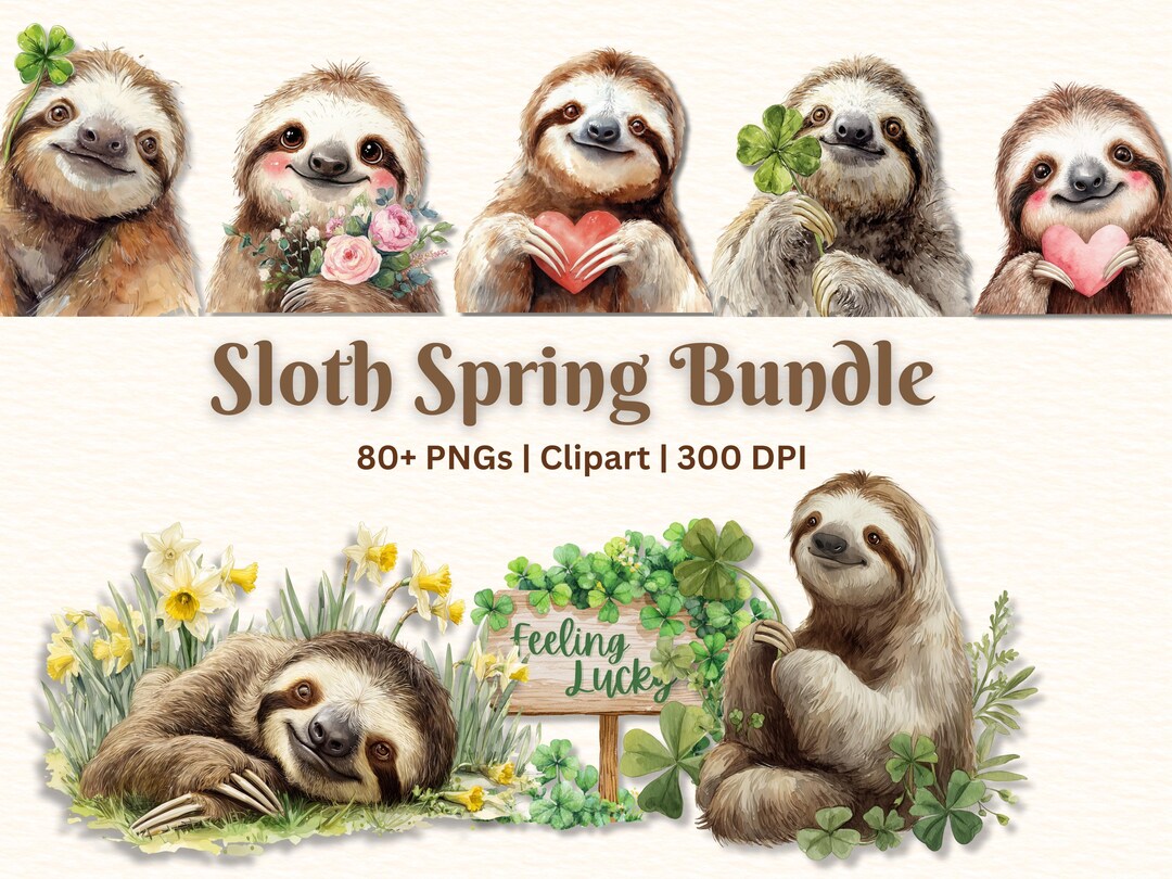Sloth Clipart Bundle, Spring Sloth PNG, Watercolor Sloths With Flowers ...