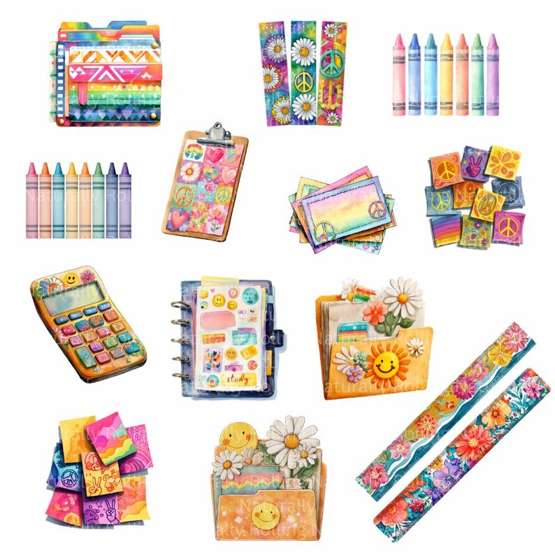 Retro School Supplies Clipart Bundle, Groovy Back to School Digital ...