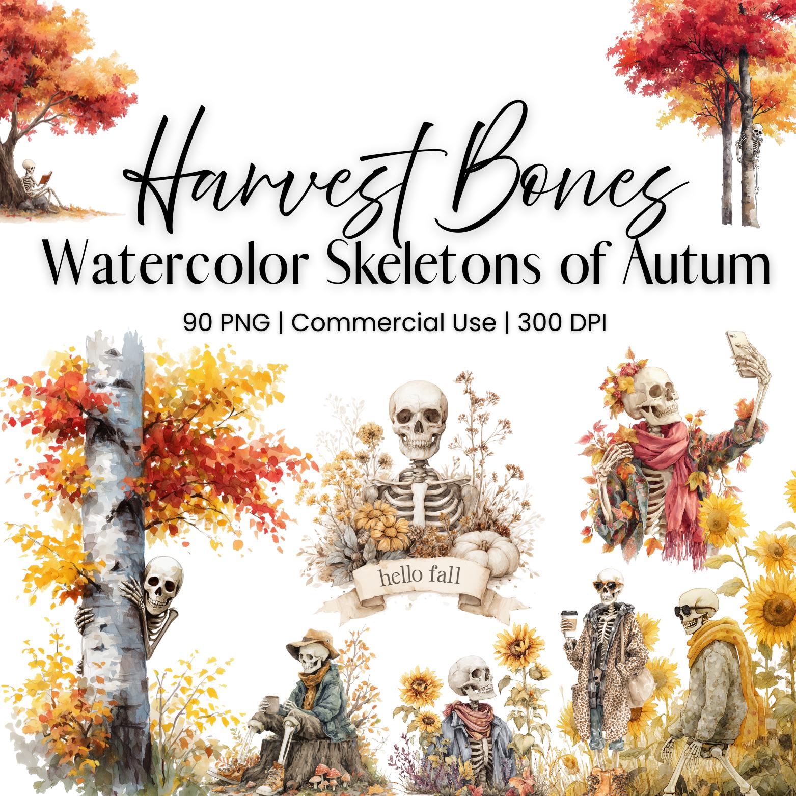 Watercolor Autumn Skeleton Clipart PNG Bundle, 90 Halloween Fall ...