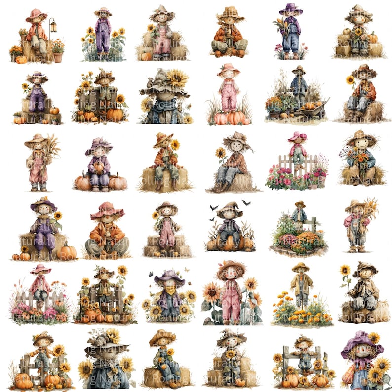Watercolor Scarecrow Clipart Bundle PNG Fall Farmhouse Clipart With ...