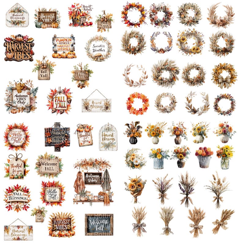 Watercolor Fall Clipart Bundle PNG, Fall Sublimation Designs, Farmhouse ...