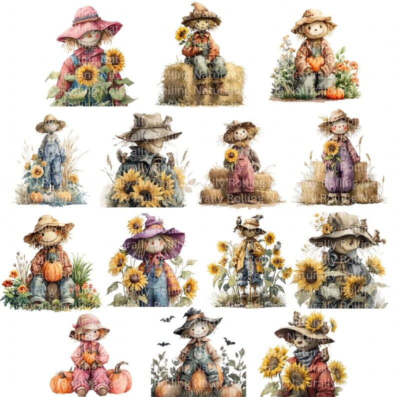 Watercolor Scarecrow Clipart Bundle PNG Fall Farmhouse Clipart With ...