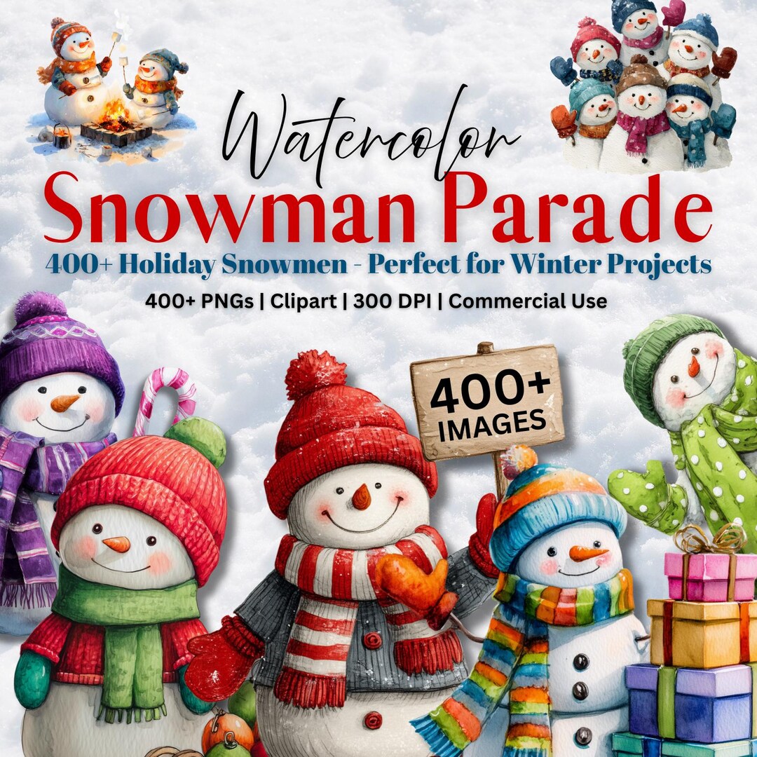 Holiday Snowman Clipart Bundle - 400+ Cute Watercolor Winter Snowman ...